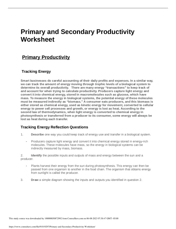 Primary and Secondary Productivity Worksheet