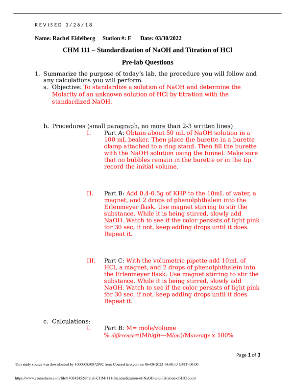 CHM 111 – Standardization of NaOH and Titration of HCl Pre-lab Questions