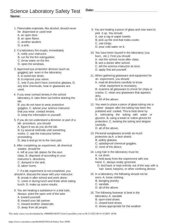 Lab Safety Test (1). Springfield High School, Springfield SCI 101