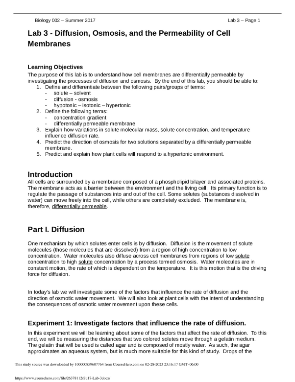 Lab 3 - Diffusion, Osmosis, and the Permeability of Cell Membranes