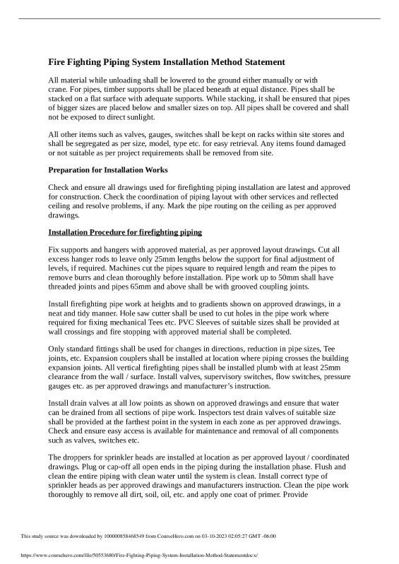 Fire Fighting Piping System Installation Method Statement. University ...