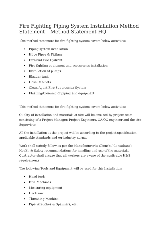 Fire Fighting Piping System Installation Method Statement. Istanbul Technical University ...