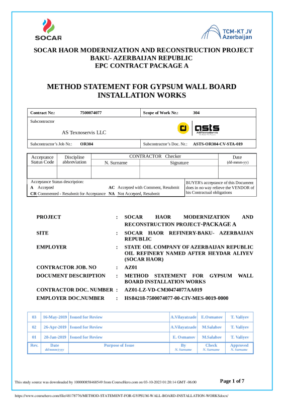 METHOD STATEMENT FOR GYPSUM WALL BOARD INSTALLATION WORKS. AA 1