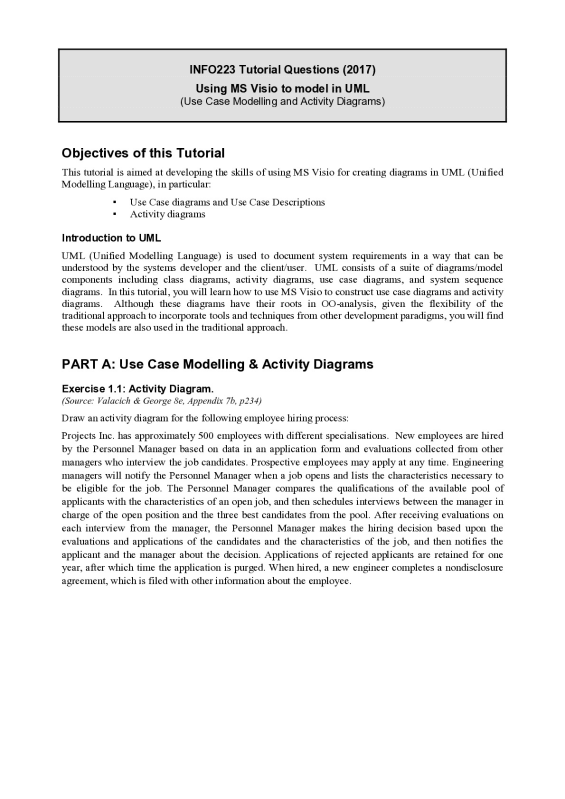 INFO223 Tutorial Questions (2017) Using MS Visio to model in UML (Use Case Modelling and ...
