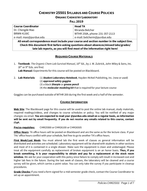 Purdue University CHM 25501 CHEMISTRY 25501 SYLLABUS AND COURSE ...