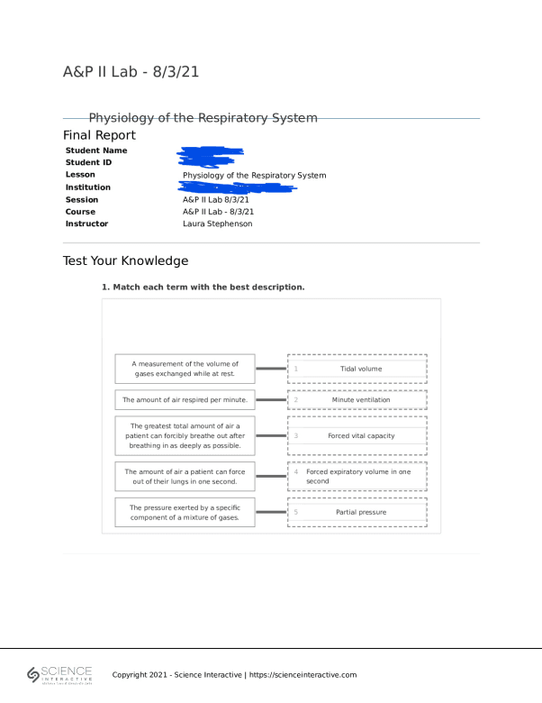 A&P II Lab - 8/3/21 Physiology of the Respiratory System