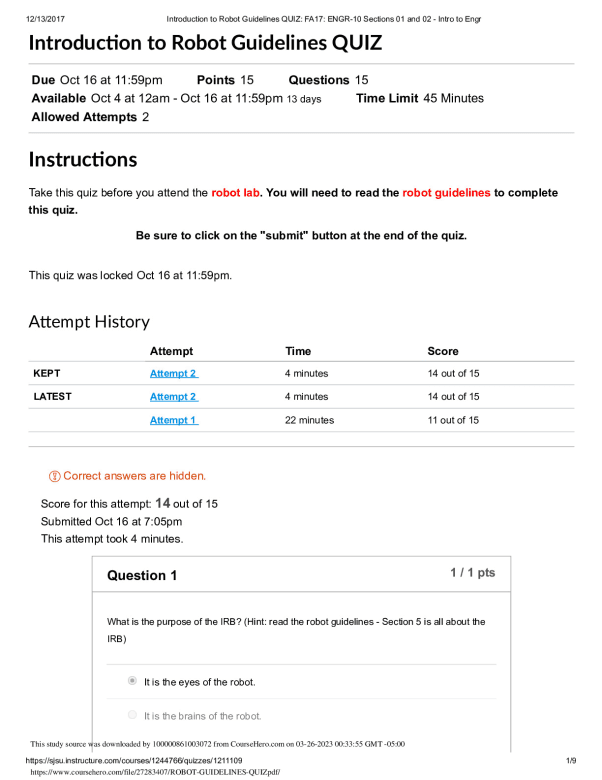 Introduction to Robot Guidelines QUIZ: FA17: ENGR-10 Sections 01 and 02