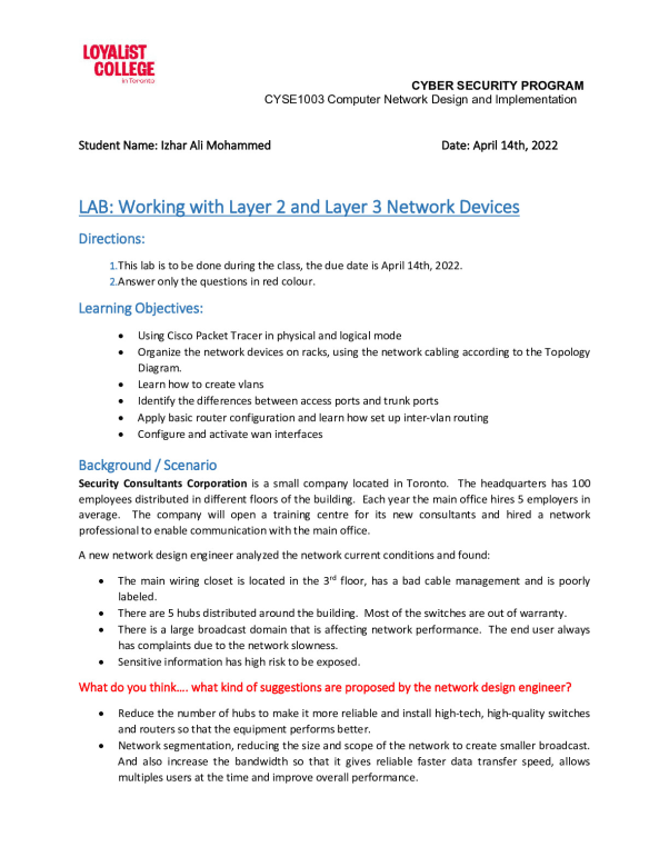 Lab Working with Layer 2 and Layer 3 Network Devices. Centennial College CYBER SECU 1