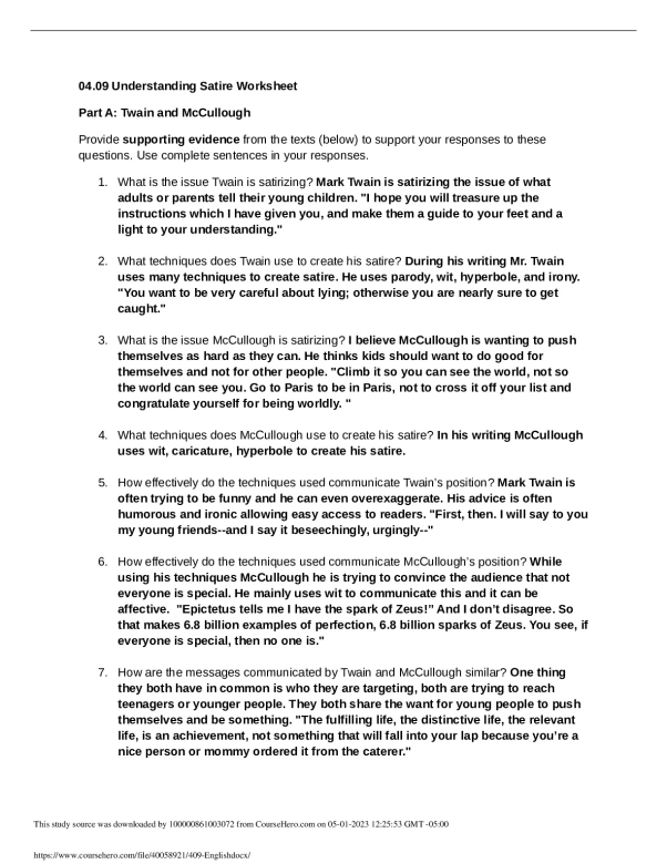 04.09 Understanding Satire Worksheet Porter Ridge High School ENGLISH IV