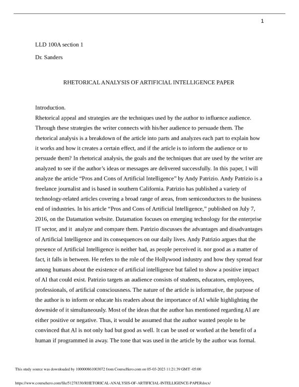RHETORICAL ANALYSIS OF ARTIFICIAL INTELLIGENCE PAPER. San Jose State ...