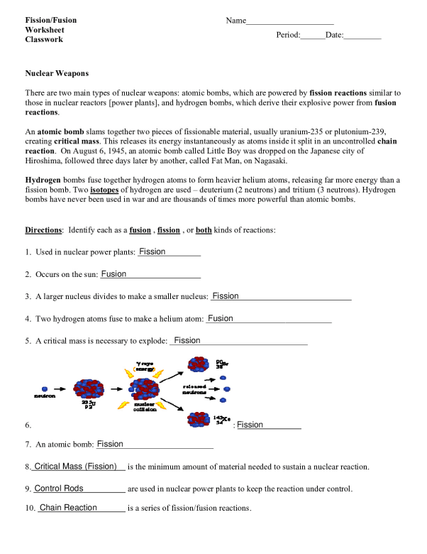 Fission/Fusion Worksheet Classwork