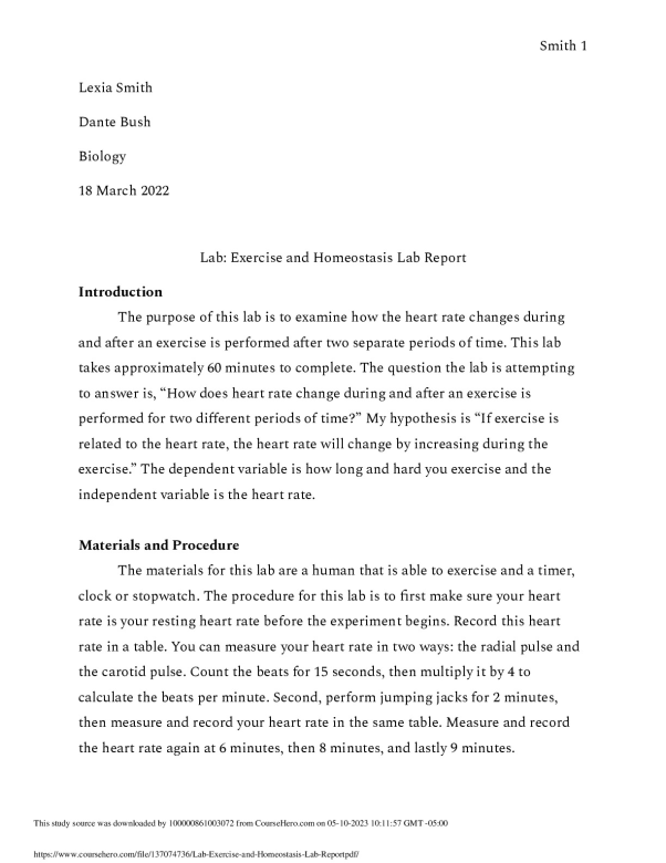 Lab_ Exercise and Homeostasis Lab Report. Horizon Charter BIO 101