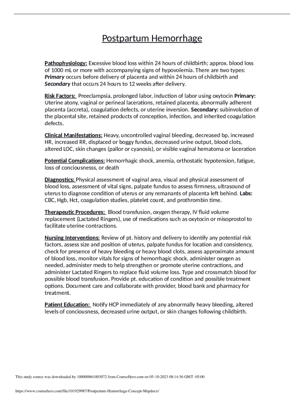 Postpartum Hemorrhage Concept Map. Central Alabama Community College ...