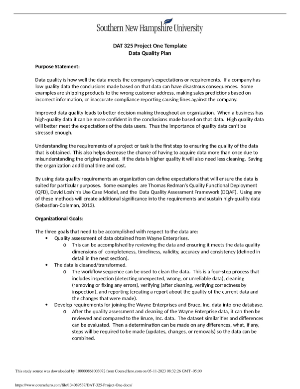 DAT 325 Project One Template Data Quality Plan