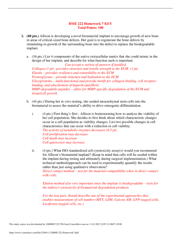 Bme 222 Homework 7 Key Total Points 100