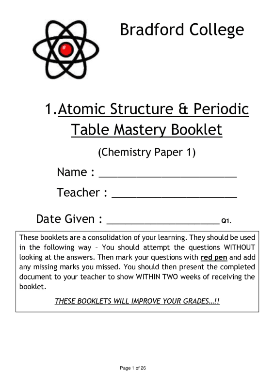 1 Atomic Structure Periodic Table Paper 1 Questions 1