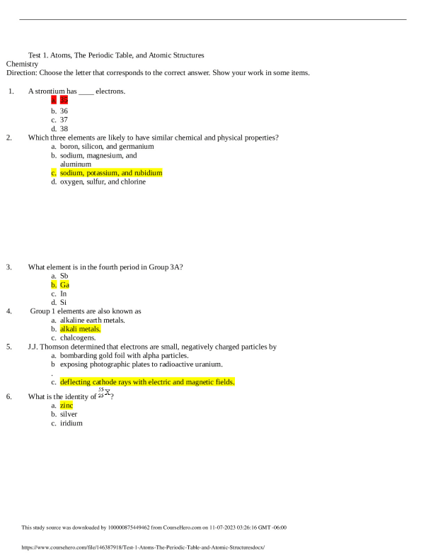 Test 1. Atoms, The Periodic Table, and Atomic Structures.