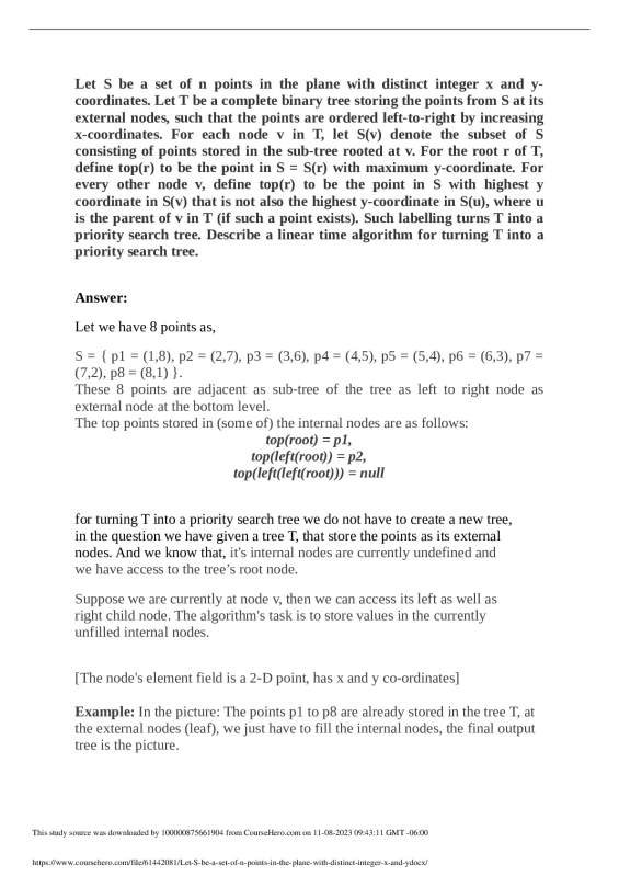 Let S be a set of n points in the plane with distinct integer x and y.