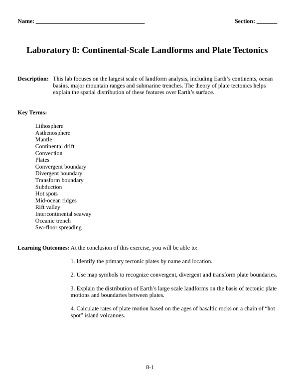 Laboratory 8: Continental-Scale Landforms and Plate Tectonics