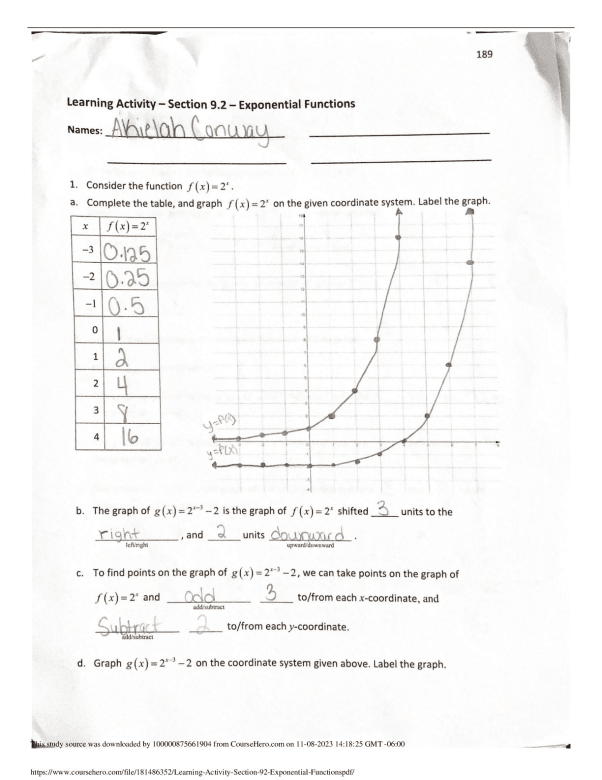 Learning Activity - Section 9.2 - Exponential Functions
