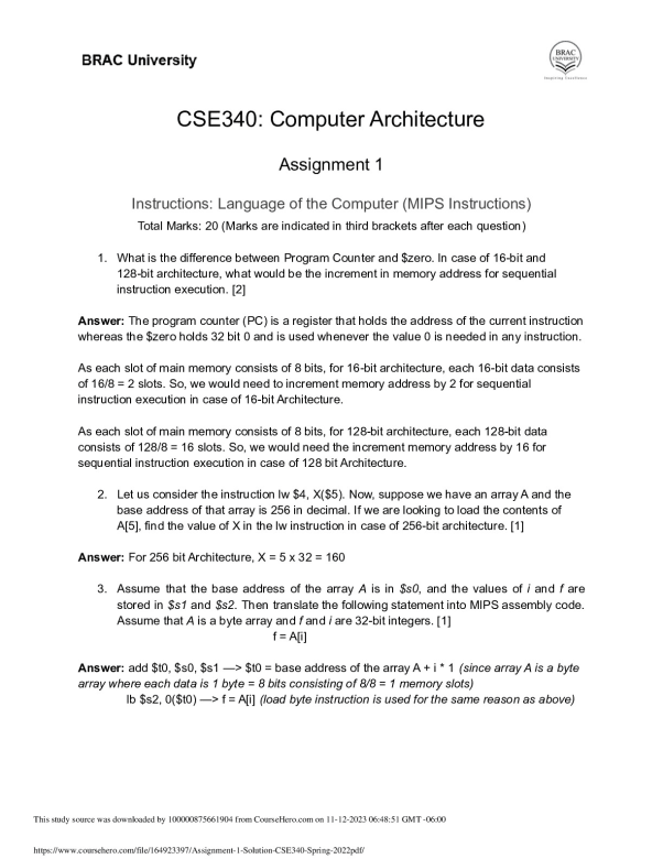 CSE340: Computer Architecture Assignment 1 Spring 2022