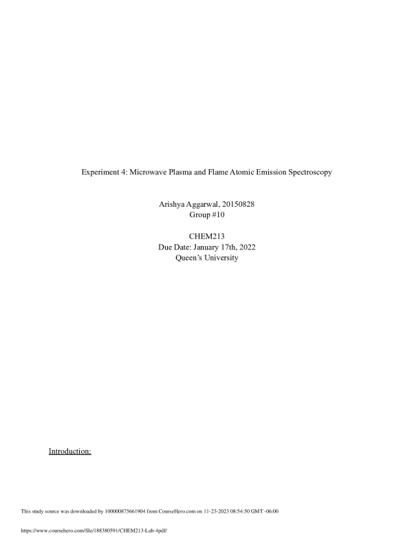 CHEM213 Lab 4 Experiment 4: Microwave Plasma and Flame Atomic Emission Spectroscopy