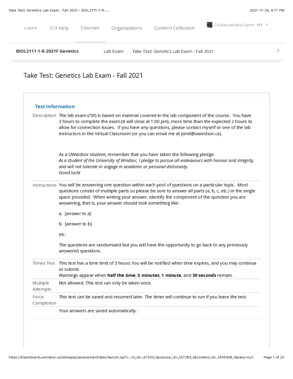 Take Test: Genetics Lab Exam - Fall 2021 - BIOL2111-1-R