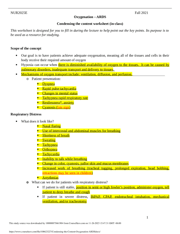 Nur2025efall 2021 Oxygenation Ards Condensing The Content Worksheet In Class