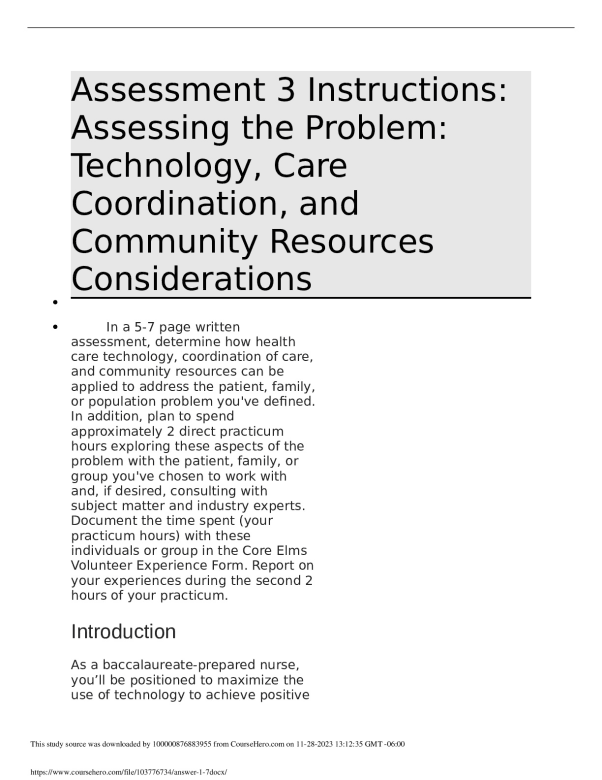Assessment 3 Instructions: Assessing the Problem: Technology, Care Coordination, and Community ...