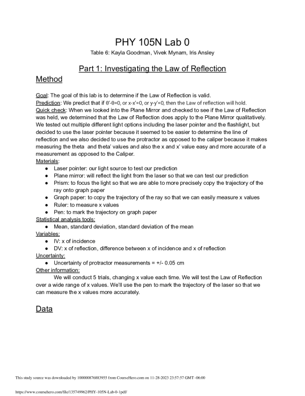 PHY 105N Lab 0 Table 6: Kayla Goodman, Vivek Mynam, Iris Ansley Part 1: Investigating the Law of ...