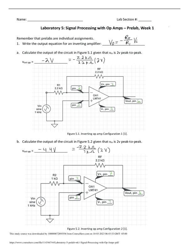 Laboratory 5 - prelab wk1 - Signal Processing with Op Amps University ...