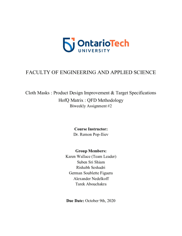 FACULTY OF ENGINEERING AND APPLIED SCIENCE Cloth Masks : Product Design ...