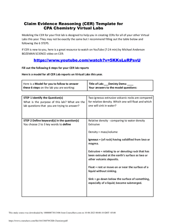 Claim Evidence Reasoning (CER) Template for CPA Chemistry Virtual Labs
