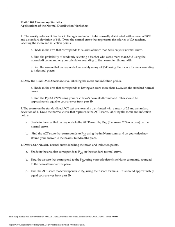 Normal Distribution Worksheet. Georgia Gwinnett College MATH 2000