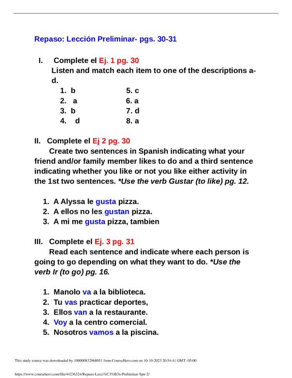 Repaso: Lección Preliminar (Spn 2) Jones High SPANISH 2