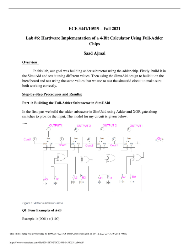 ECE 3441/10519–Fall 2021 Lab #6: Hardware Implementation of a 4-Bit ...