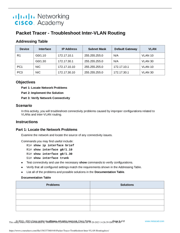 4.4.8 Packet Tracer - Troubleshoot Inter-VLAN Routing.