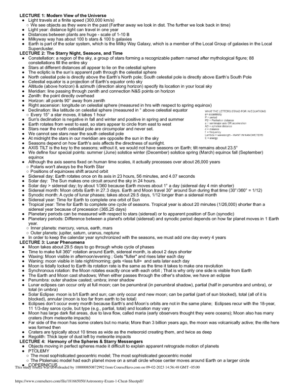 Astronomy __ Exam 1 Cheat Sheet