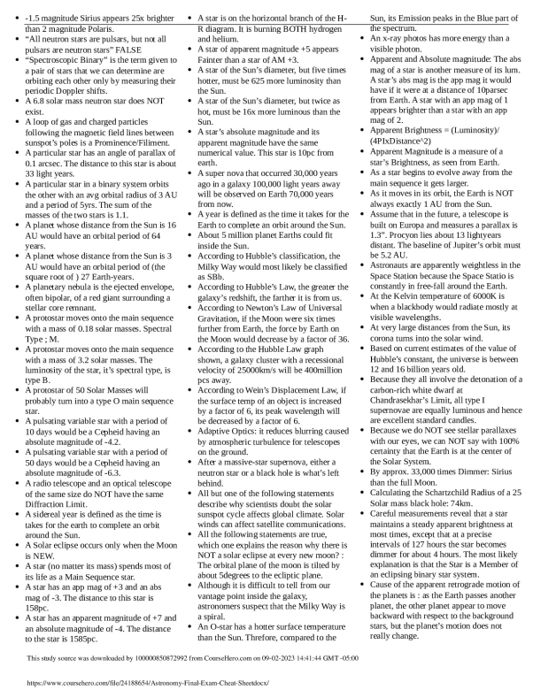 Astronomy - Final Exam "Cheat Sheet"