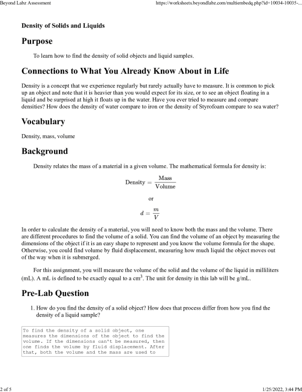 Beyond Labz Assessment- Lab 2- Density of Solids and Liquids.