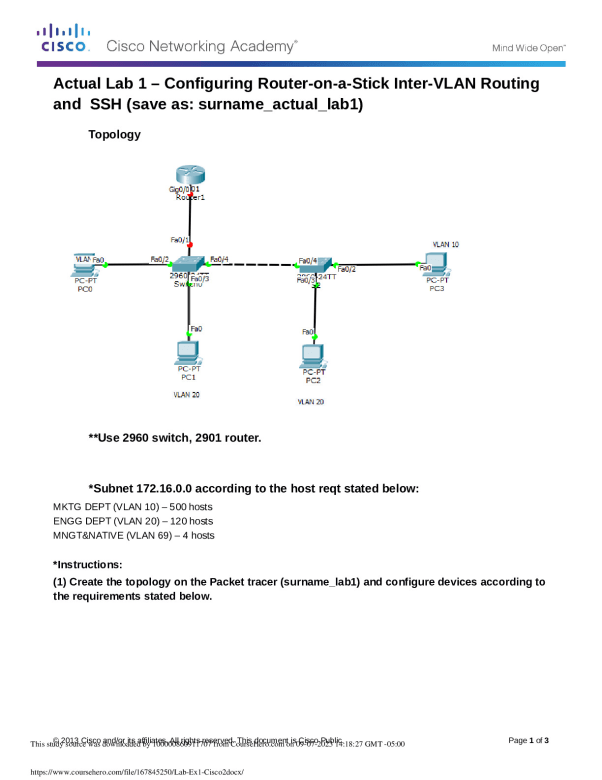 Actual Lab 1 Configuring Router On A Stick Inter Vlan Routing And Ssh Save As Surname Actual