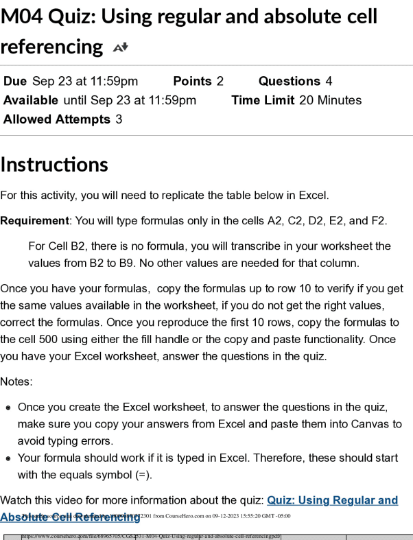 CGS2531 M04 Quiz Using regular and absolute cell referencing