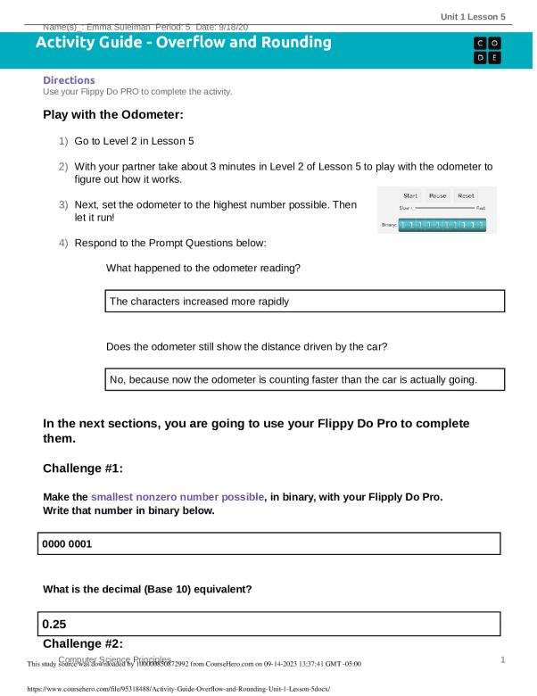 Activity Guide - Overflow and Rounding - Unit 1 Lesson 5.
