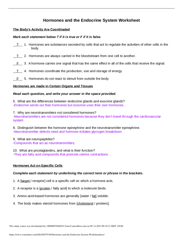 Hormones and the Endocrine System Worksheet.