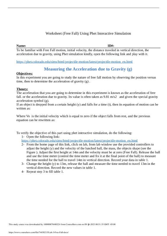 Worksheet (Free Fall) Using Phet Interactive Simulation