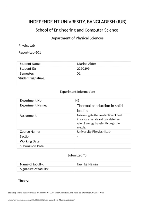 H3 Experiment Name:Thermal conduction in solid bodies Assignment:To investigate the conduction ...