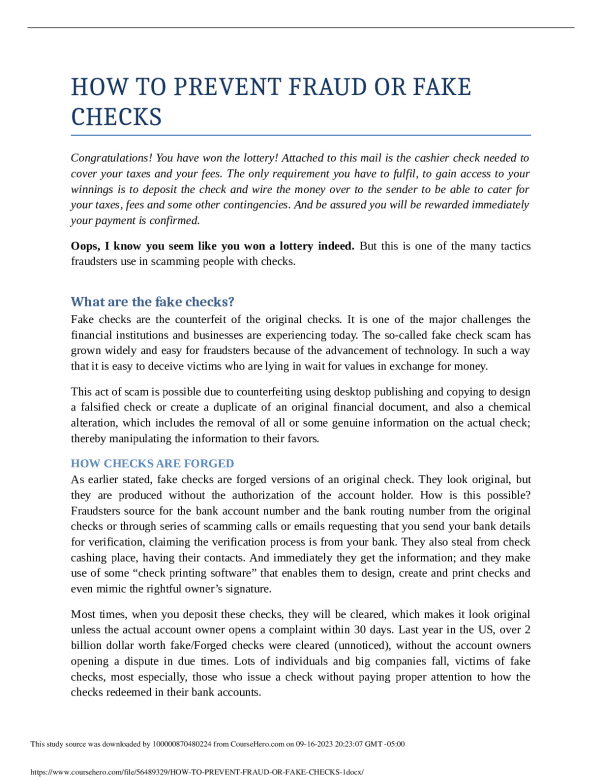 HOW TO PREVENT FRAUD OR FAKE CHECKS