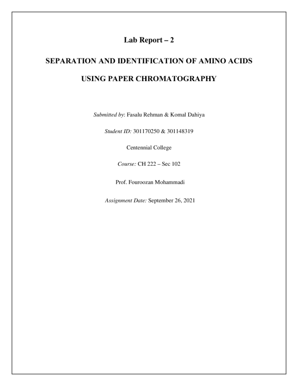 Lab Report – 2 SEPARATION AND IDENTIFICATION OF AMINO ACIDS USING PAPER ...