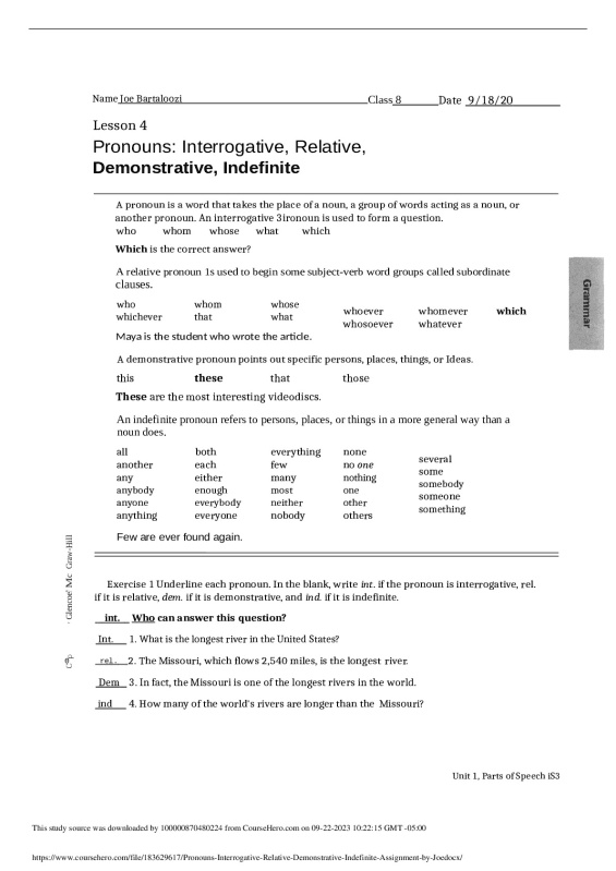 Pronouns-Interrogative Relative Demonstrative Indefinite Assignment by Joe