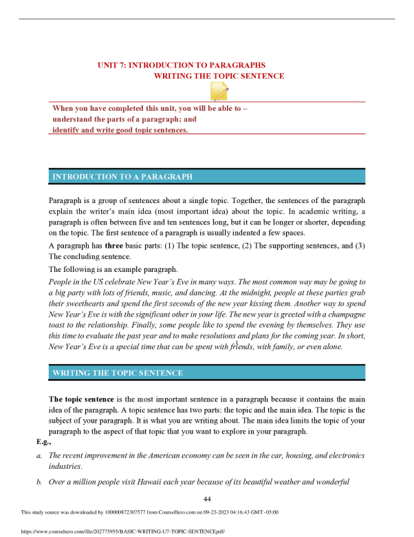UNIT 7: INTRODUCTION TO PARAGRAPHS WRITING THE TOPIC SENTENCE